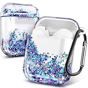 E-Began Glitter Liquid Case Designed for Airpods, Sparkle Flowing Floating Durable Girls Cute Clear Hard Cover Carrying Case Compatiable with Apple AirPods 1st/2nd -Purple/Blue