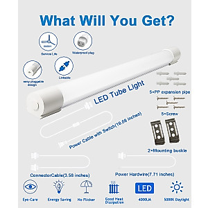 Ovensty LED Shop Light Fixture 4FT with Plug, 48W Super Bright Linkable Garage Lights 5000K Daylight White,Utility Ceiling Light, LED Workbench Lights for Warehouse, Workshop,Plug and Play (White)