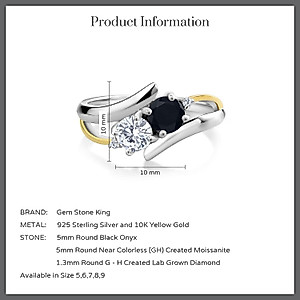 Gem Stone King 925 Silver and 10K Yellow Gold Black Onyx and White Moissanite 2 Stone Crossover Women Ring (0.98cttw, Available in size 5, 6, 7, 8, 9)