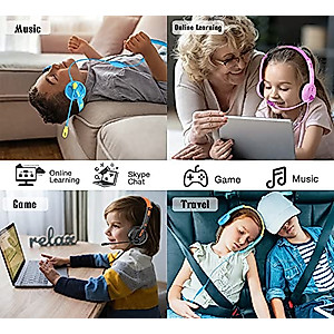 QearFun 2 Pack Kids Headphones with Microphone for School, Wired Headphones for Kids with Rotatable & Extendable Mic, Boys & Girls Online Learning Headsets for Tablet/PC/Classroom/Travel (PurpleBlue)