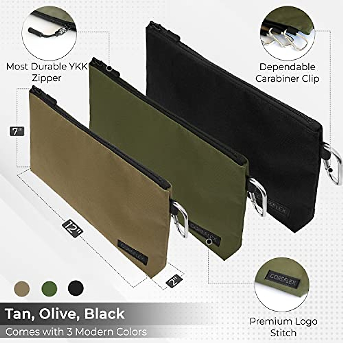 Coreflex 3 Pack Premium Tool Pouch Zipper Bag with internal pockets, 12inch Tool Bag, Multipurpose Storage pouch, Flat Bottom with YKK Zipper for Tools, Gadgets, Cosmetics, Stationary,Travel accessary