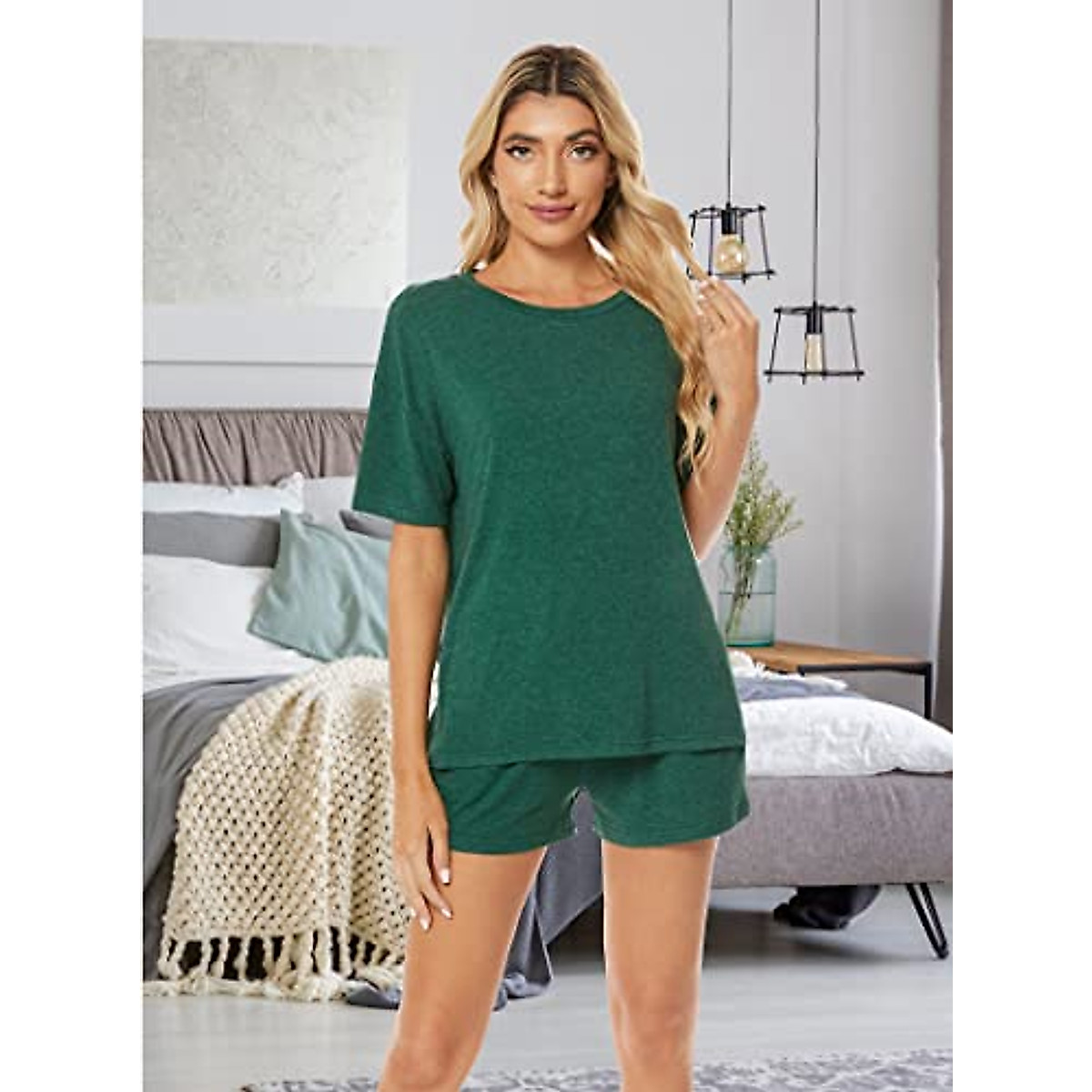 LOCUBE Women's Pajama Sets Soft Comfy Short Sleeve Lounge Outfits Pj Set Shorts with Pockets (Green 2, Medium)