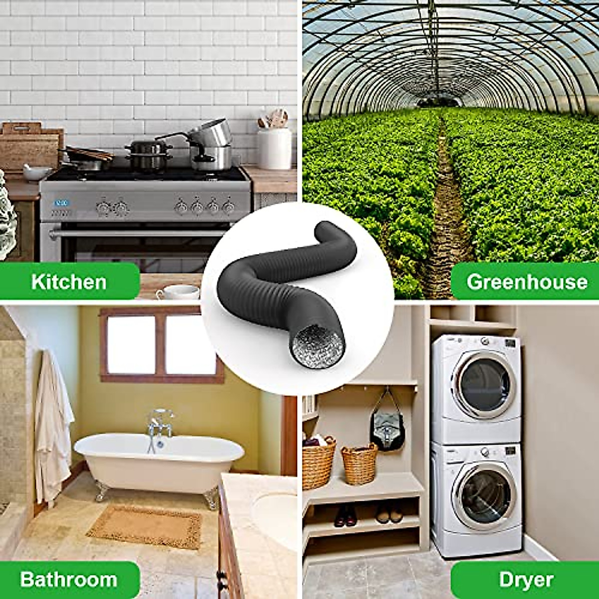 iPower Flexible 4 Inch 8 Feet Aluminum Ducting 4 Layer Protection Dryer Vent Hose for HVAC Heating Cooling Ventilation and Exhaust, 2 Clamps Included, Black