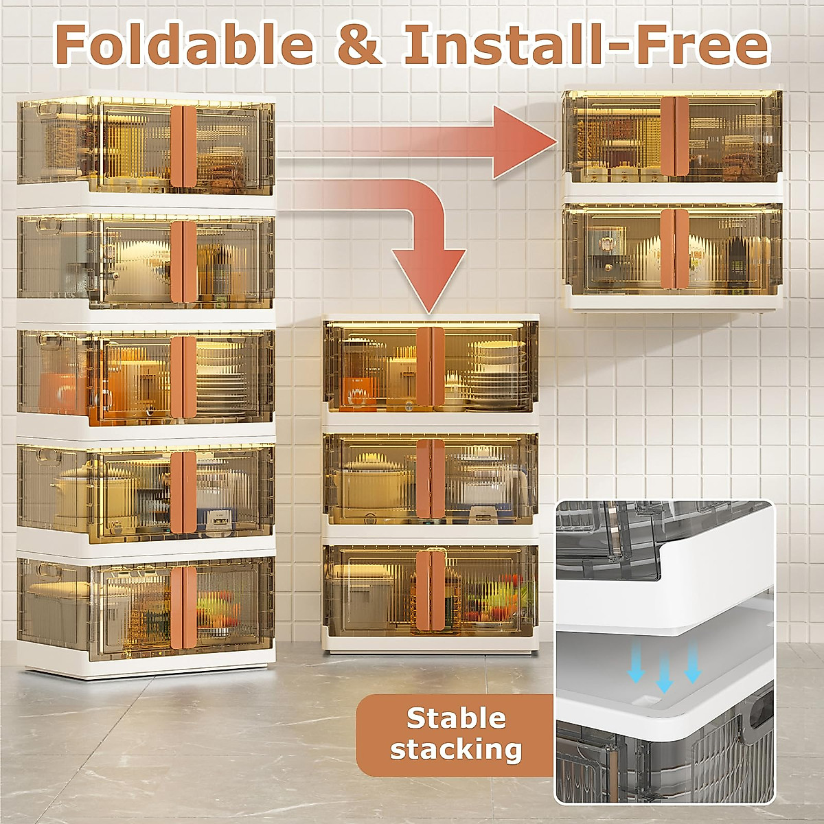 Storage Bins with Lids, Foldable Storage Bins, Clear Grey Wardrobe Closet Organizer, 8.4Gal Stackable Toy Storage, Collapsible Plastic Storage Container with Door, Crate for Book Storage(6 Pack)