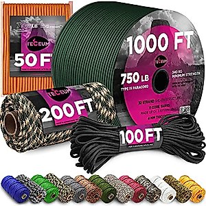 TECEUM Paracord Type IV 750 lb Black 016 – 100 ft – 4mm – 100% Nylon Strong Tactical MIL–SPEC Parachute Cord – Survival Rope Emergency para Cord 11 Strands Core EDC Camping Hiking Military Gear 016a