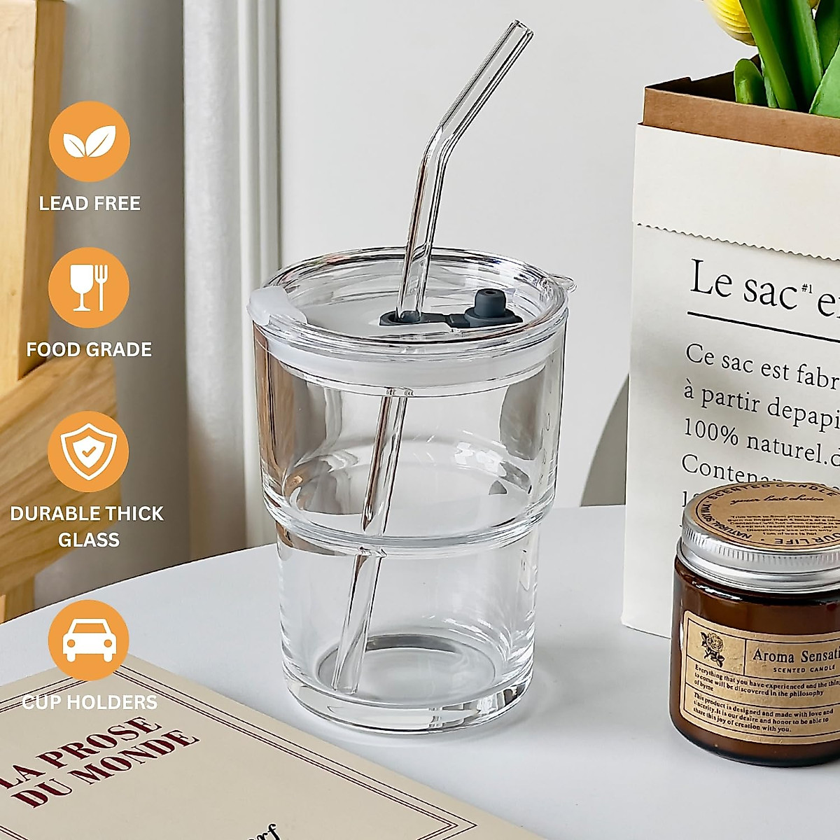 Olvini 13oz Glass Tumbler with Glass Straw and Lid, Iced Coffee Cups Reusable, Water Cup, Coffee Tumbler, Glass Coffee Mugs, Drinking Glass Cups (Clear)