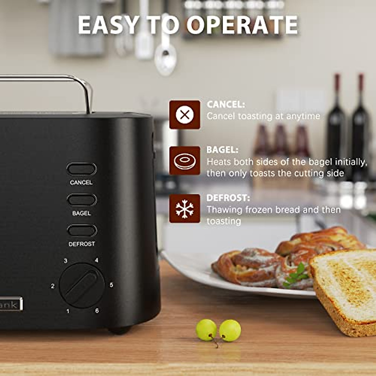 Anfilank Toaster 2 Slice, Wide Slots with Warming Rack, Cancel, Bagel, Defrost Function, 6-Shade Settings, Removable Crumb Tray and High Lift Lever Classic Bread Toaster, 900W BPA free(Black)