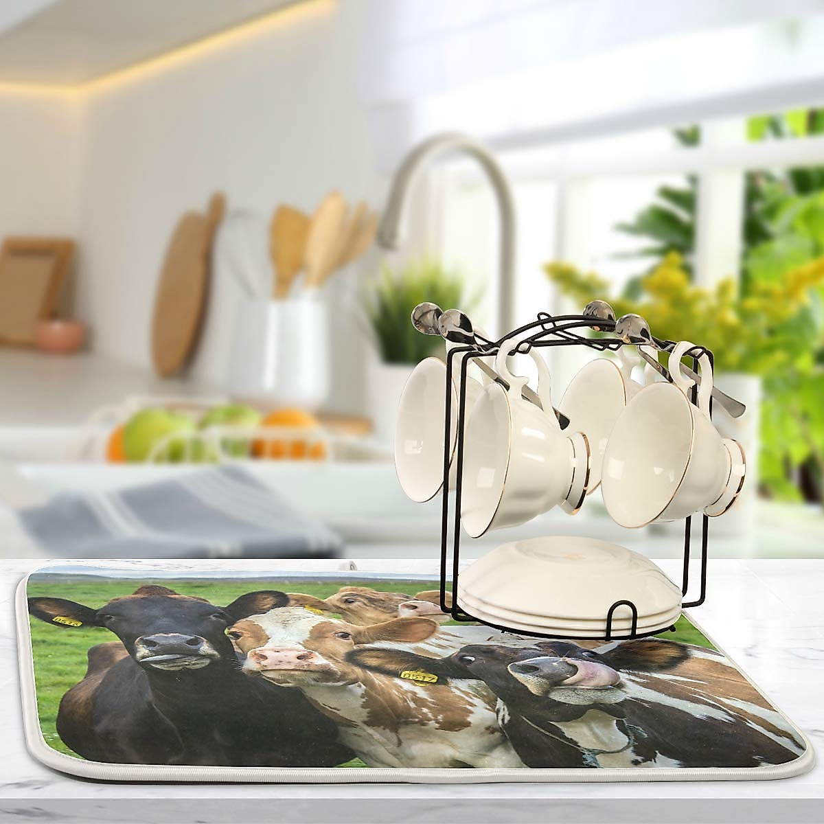 Kitchen Dish Drying Mat Farm Animal Cow Cattle Absorbent Washable Dish Drying Pad Drainer Rack Mat Heat Resistant Counter Protector for Glass Plate Cup Pan 18x24in