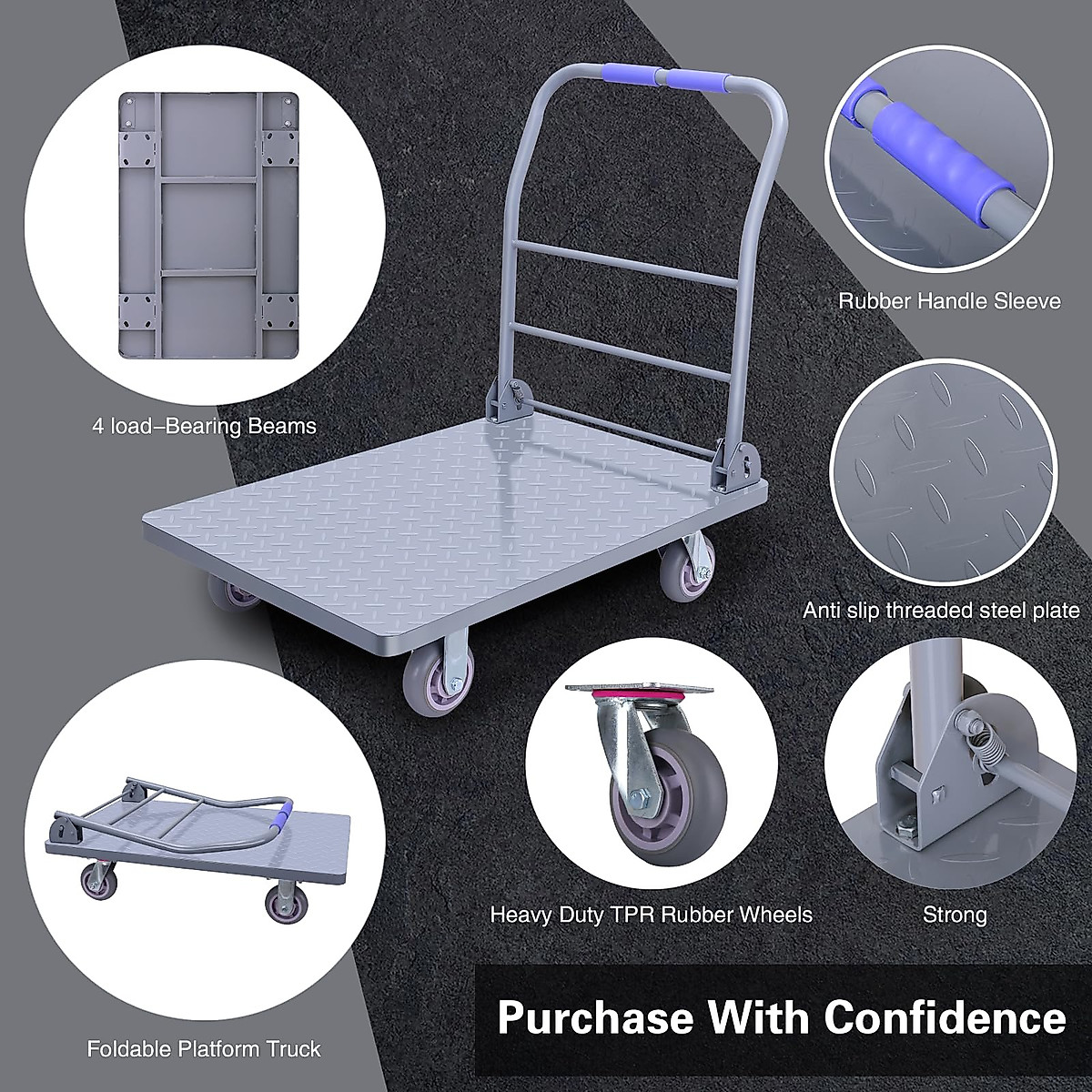 Heavy Duty Metal Platform Truck Cart,Flatbed Cart with TPR Rubber Wheels,2200LBS Capacity Steel Platform Cart,Flat Bed Carts with Wheels and Folding Handle,36"x24"Large Flatbed