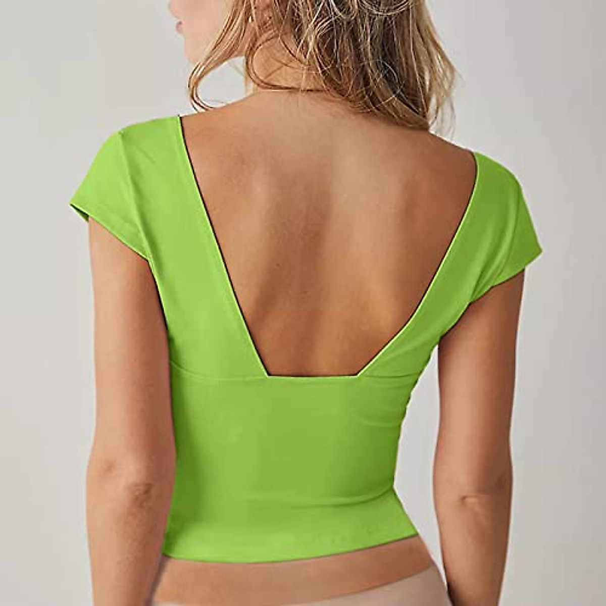 KamdFoen Women’s Crop Tops Sexy Deep V Neck Backless Short Sleeve T Shirts Summer Casual Tee Y2K Crop Cami Green S