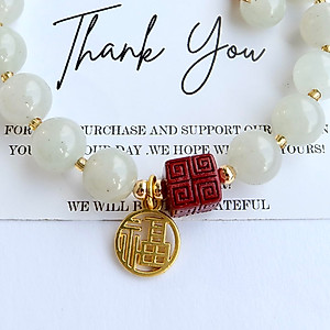 PSEEHEE Handmade Genuine Jade Lucky Fu Charm Bracelet, Feng-shui Stone Chakra Healing Gemstone Crystal Beads Adjustable Bangle Cuff Jewelry Gift for Men Women