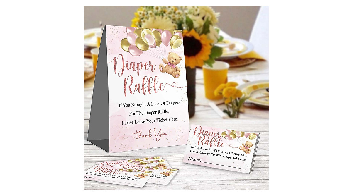 Pink Gold Baby Shower Raffle Sign & Guessing Cards Kit
