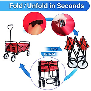 Collapsible Folding Wagon, Heavy Duty Utility Beach Wagon Cart with Side Pocket, Large Capacity Foldable Grocery Wagon for Garden Sports Outdoor Use (Red)