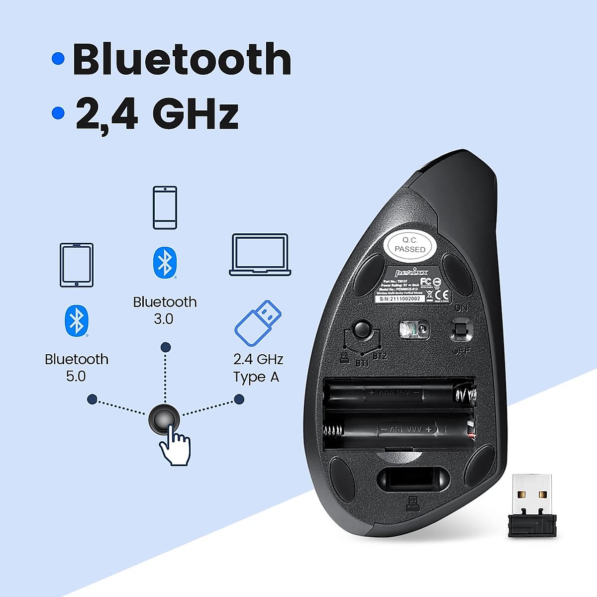 Perixx PERIMICE-813B Bluetooth Vertical Mouse - Wireless 3-in-1 Multi-Device Technology - Travelling Carry Bag - Black - Right Handed