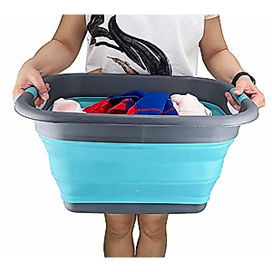 SAMMART 25L (6.6 Gallon) Set of 2 Collapsible Laundry Basket/Tub - Foldable Storage Container/Organizer, Water Capacity: 20L (Alloy Grey + Crystal Blue)