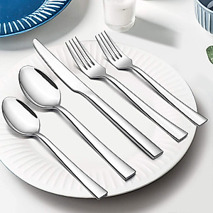 30-Piece Silverware Set, E-far Stainless Steel Flatware Set Service for 6, Modern Tableware Cutlery Set for Home and Restaurant, Square Edge & Mirror Finish, Dishwasher Safe
