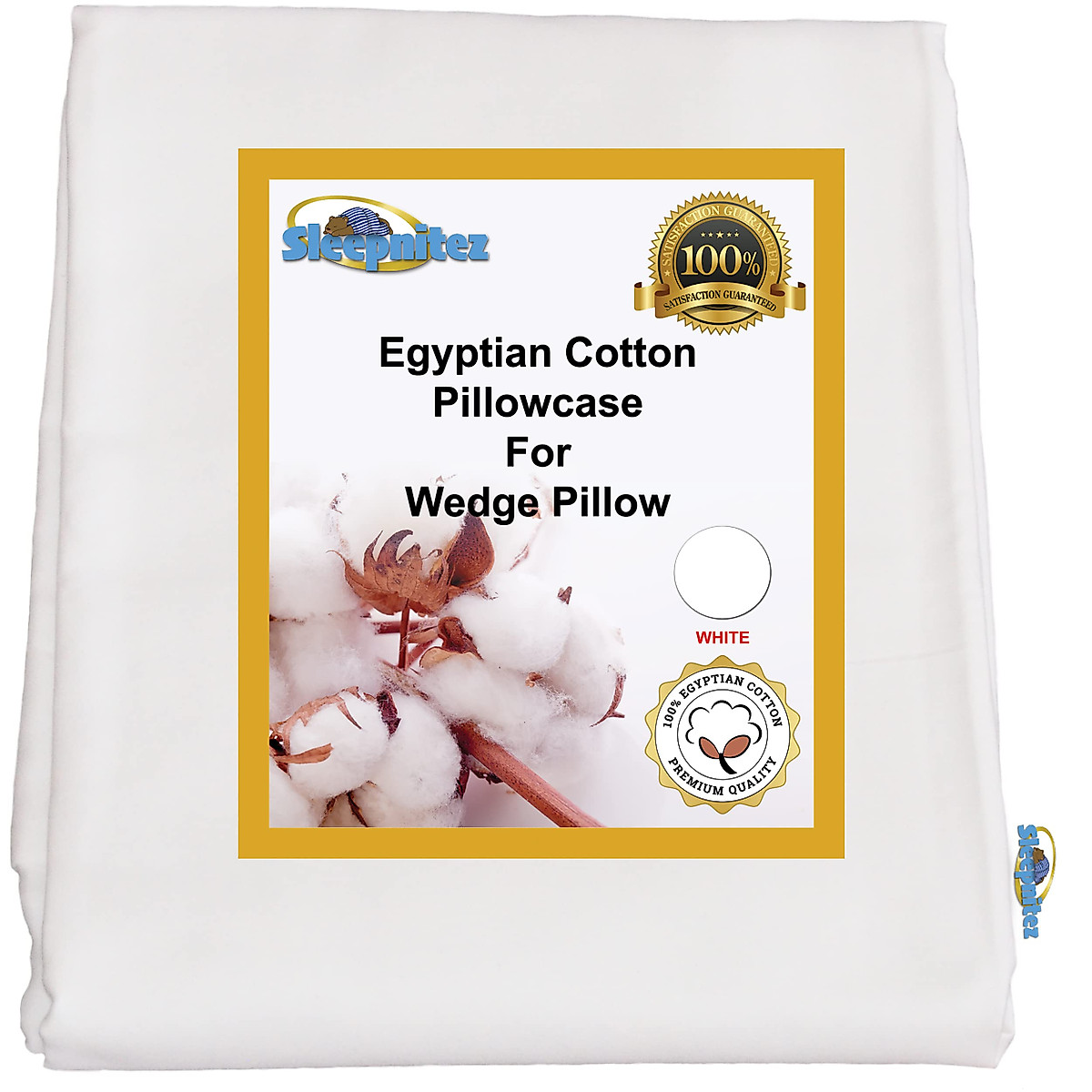 Sleepnitez Bed Wedge Pillow Case Cover, White Loose Fitting 100% Egyptian Cotton Wedge Pillowcase for Our 8" Wedge Pillow. Zip Closure for Easy Removal.