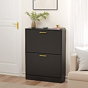 JOZZBY Shoe Cabinet for Entryway, Black Slim Shoe Cabinet with 2 Flip Drawers Narrow Shoe Storage Cabinet 2 Tier Freestanding Shoe Organizer for Entryway, Hallway, Living Room