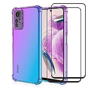 Compatible with Xiaomi Redmi Note 12S Case Clear Slim Soft TPU Cover with Screen Protector (2 Pieces),Transparent Bumper with Reinforced Corners Multicolor Gradient Protective Cover,Purple Blue