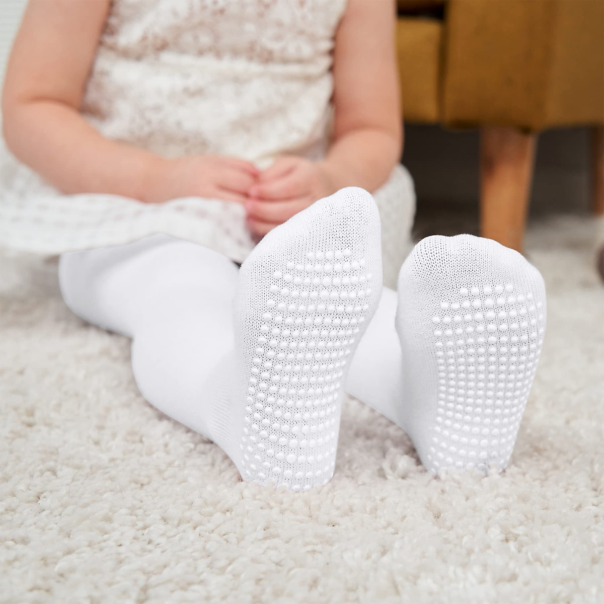 Zando Baby Tights for Girls Non Slip Grip Soft Comfortable Cotton Pantyhose Infant Seamless Leggings Toddler Thick Solid Knit Socks Warm Cute Baby Newborn Infant Stockings White L