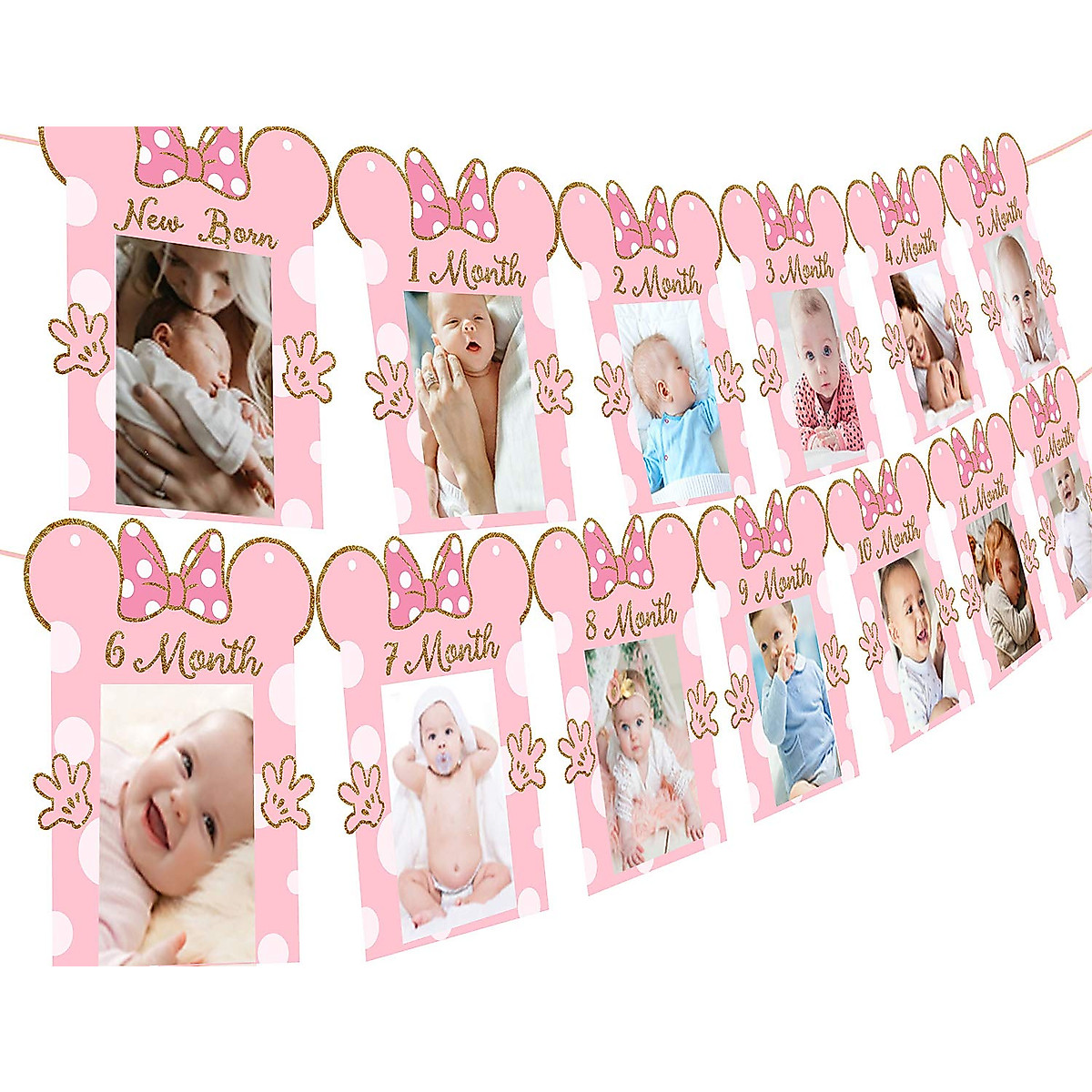Cartoon Mouse Photo Banner Pink and Gold Newborn to 12 Month Birthday Banner for Cartoon Mouse Themed 1st Birthday Decorations Supplies