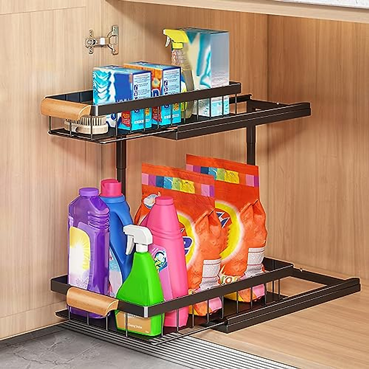 Tainrunse Sliding Cabinet Organizer Kitchen Shelf Maximize Storage with Durable 2-Tier Rust-Resistant Metal Construction for Easy Access Under Sink Narrow Black