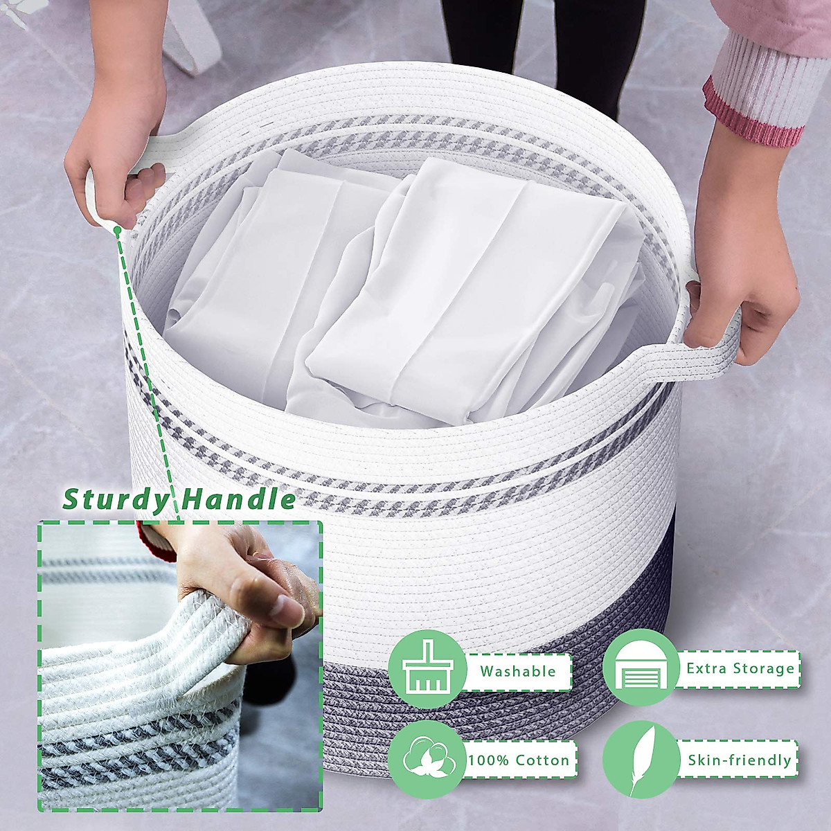 Large Laundry Basket, Cotton Rope Basket, Woven Nursery Hampers, Blanket Basket Living Room, Toy Storage Baskets with Handles, 100% Natural Cotton Woven Baskets for Storage, Decorative Clothes Hamper