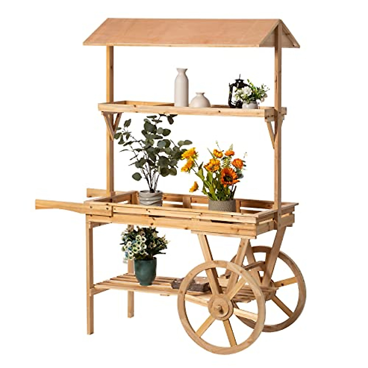 Vintiquewise Large Wooden 3 Tier Rolling Table Cart with 2 Wheels for Home Decor Modern Wagon with Shelves for Display Rack, Coffee Station, Food Stand, Beverage Bar, and Tea Stall