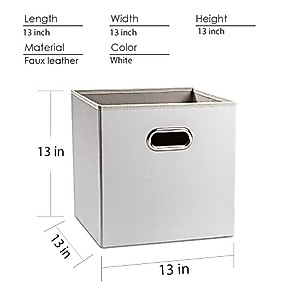 PRANDOM Leather Foldable Cube Storage Bins 13x13 inch [4-Pack] Fabric Storage Baskets Cubes Drawer with Cotton Handles Organizer for Shelves Toy Nursery Closet Bedroom Clothes White