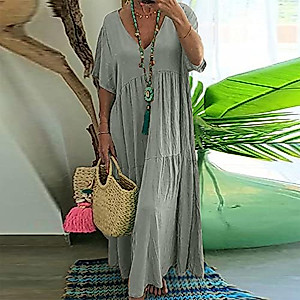 Summer Dresses for Women 2023 Womens Oversized Long Dress Flowy Cotton Linen Maxi Dresses Smocked Casual Floor Length Beach Dress Baggy Sundresses Robe De Soiree Femme Khaki