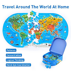 Mideer Floor Puzzle for Kids 4-8, 100 Piece World Map Jigsaw Puzzle with Continents, Geography Educational Toys for Boys and Girls, Globe Atlas Puzzle Maps Preschool Learning Game for Kids Ages 4-6