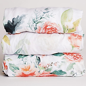 NODNAL CO. 3 Fitted Bassinet Sheets Set for Baby Girl - 100% OEKO-TEX Cotton Peonies & Roses - Pink Floral Boho Flowers - Cradle/Moses Basket, Hourglass, Oval, Rectangle Mattress Nursery Bedding Sheet