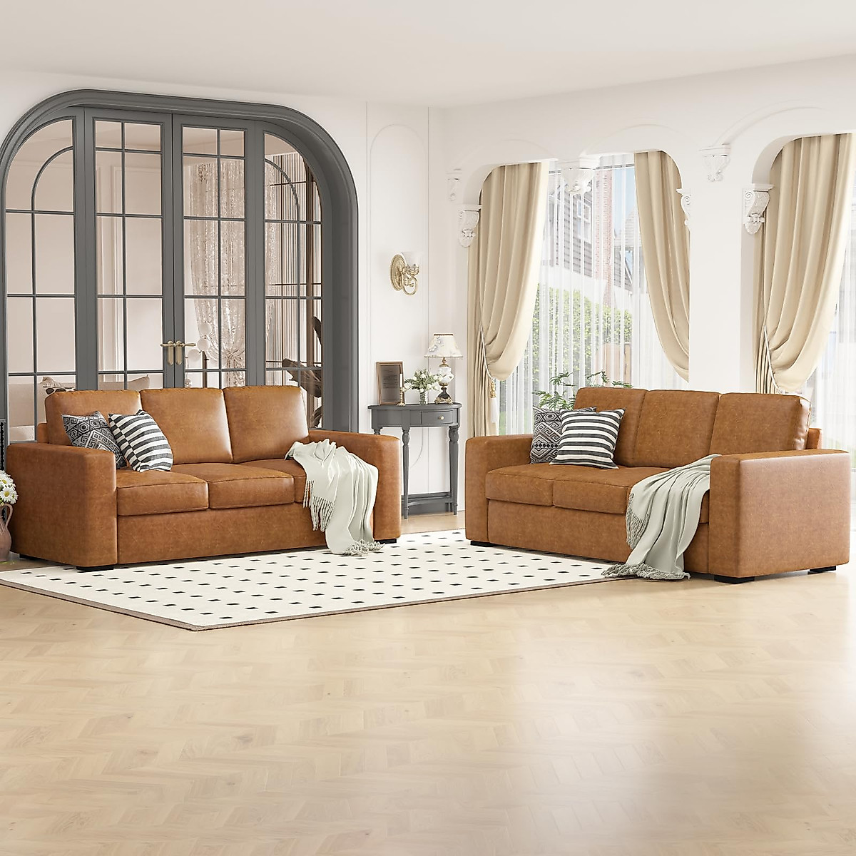 ELUCHANG 85" Luxury 3 Seater Sofa Couch for Living Room, Modern Upholstered Faux Leather Sofas Couches with Extra Deep Seats&Removable Cover, Comfy Sofa Couch for Small Space Apartment Lounge, Brown