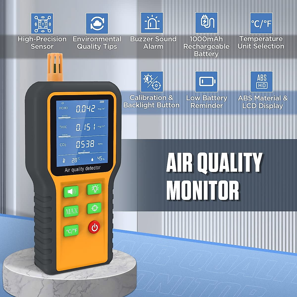 CMTOOL Air Quality Monitor Indoor Outdoor Home Air Quality Tester Analyzer CO2 Meter Portable Carbon Dioxide Formaldehyde Detector Testing Kit with Digital Temperature Humidity Sensor HCHO TVOC Test
