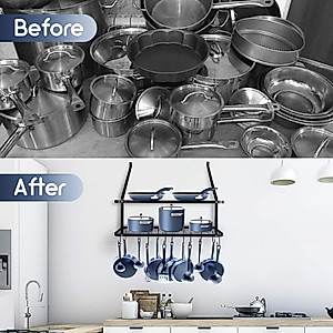 ROTTOGOON Wall Mounted Pots and Pans Rack, 2 Tier Pot and Pan Organizer 30 Inch Wall Pot Rack with 12 Hooks Kitchen Rack Organizer