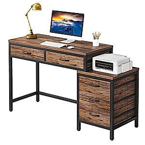 Tribesigns Computer Desk with 5 Drawers, Home Office Desks with Reversible Drawer Cabinet Printer Stand, Industrial PC Desk with Storage, Rustic Study Writing Table Workstation for Small Spaces
