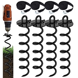 Eurmax USA 4-Pc Pack Spiral Stakes Heavy Duty Anchor Kit Ice Screw Anchor for Trampoline, Tents, tarps, Canopies,car Ports,Dog tie Out and etc Bonus Tie Down Straps 4-Pc Pack (Black)