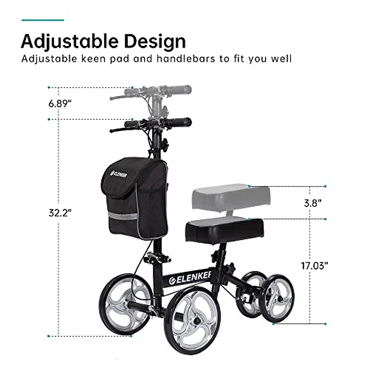 ELENKER Steerable Knee Walker with 10" Front Wheels Deluxe Medical Scooter for Foot Injuries Compact Crutches Alternative Black