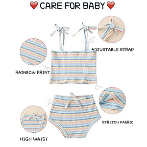 MODNTOGA Newborn Toddler Baby Girls Summer Clothes Set Rainbow Outfits Sleeveless Halter Tank Top Striped Shorts Pants (Blue Yellow, 3-6 Months)