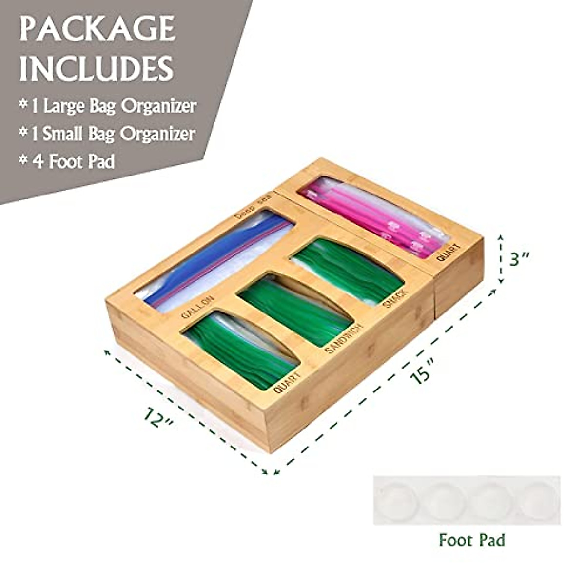 Deep sea Ziplock Bag Storage Organizer and Dispenser for Kitchen Drawer, Bamboo Kitchen Food Storage Bag Holders Compatible with Gallon Quart Snack Bags & Sandwich