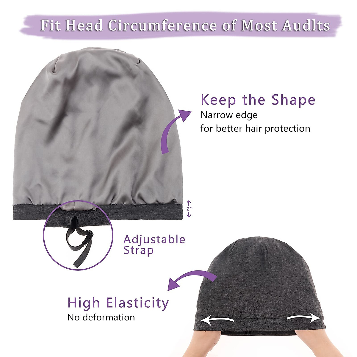 Silk Satin Lined Bonnet Sleep Cap, Adjustable Stay on All Night Hair Wrap Slouchy Beanie for Curly Hair Care of Women and Men - Dark Grey