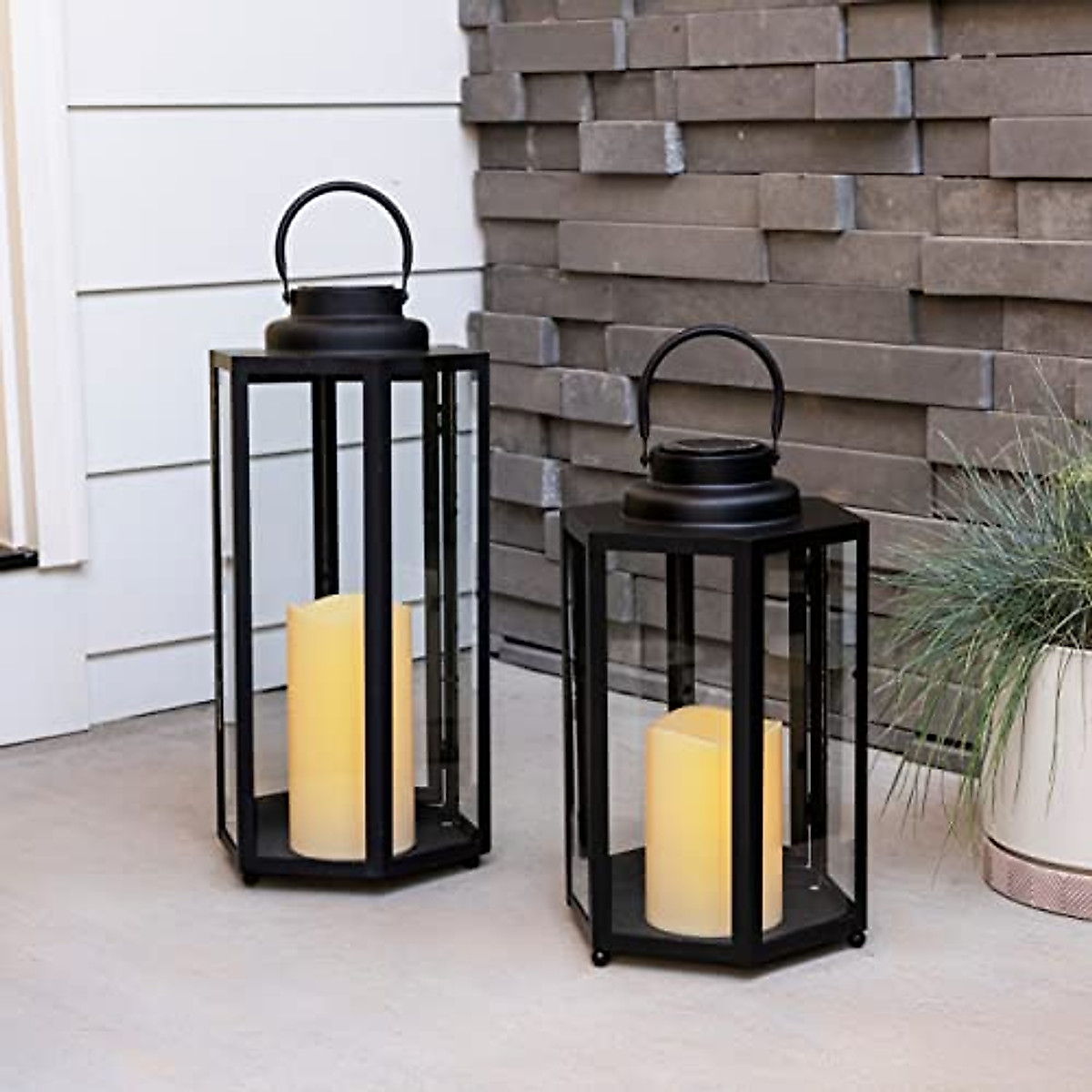 Large Solar Candle Lantern - 18 Inch Tall, Glass Panels, Matte Black Metal Frame, Waterproof Flameless Pillar Candle, Dusk to Dawn Timer, Large Size for Floor or Patio, Fall Decor, Battery Included