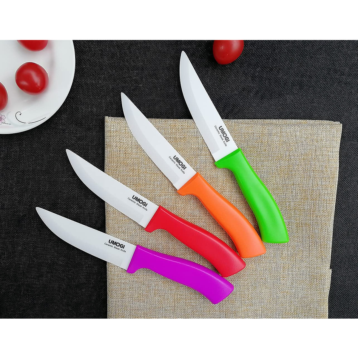 UMOGI Ceramic Steak Knives Set of 4 with Covers in Gift Box - Utility Knife Large Size - Healthy Stain Resistant & Rust Proof - Dishwasher Safe - Best for Meat Tomatoes Vegetables Fruits BBQ