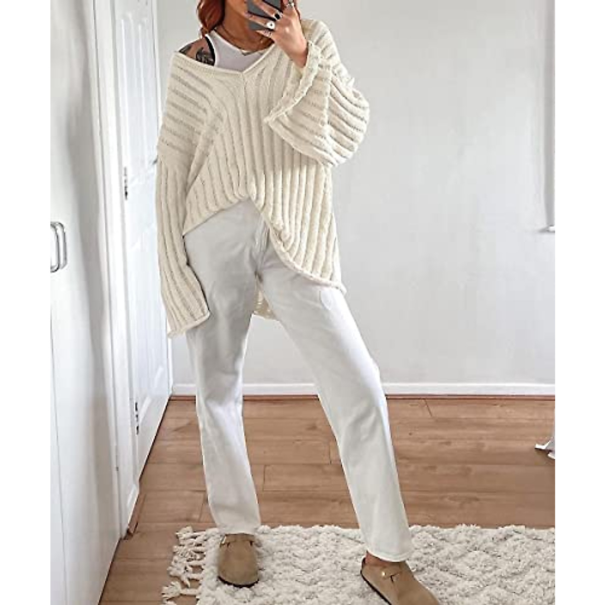 MISSACTIVER Women’s Oversized Long Sleeve Sweater Sexy V Neck Off Shoulder Knit Solid Drop Shoulder Shirt Pullover Sweaters(Small,Beige)