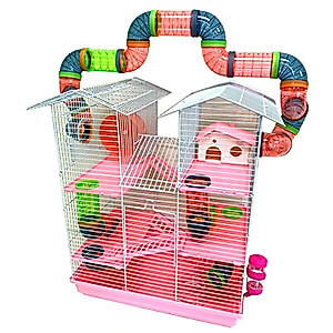 Large Twin Tower Habitat Hamster Home Rodent Gerbil Mouse Mice Rat Wire Animal Cage Long Crossover Tube (18.5" L x 14.5" W x 23" H Inch, Pink)