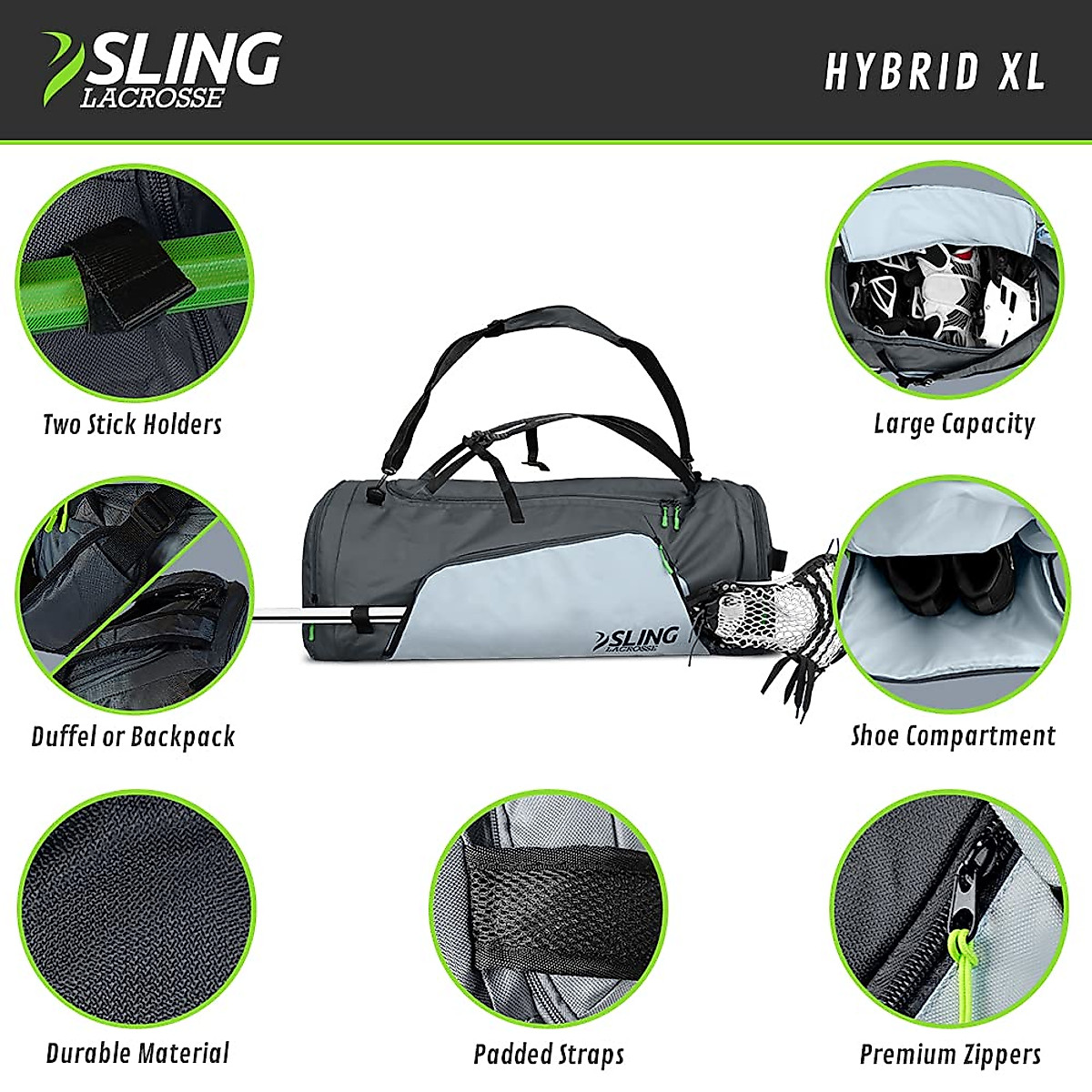 Lacrosse Bag Hybrid XL - Use as a Backpack or Duffel Bag, Holds 2 Sticks and All of Your Gear with a 75L Capacity