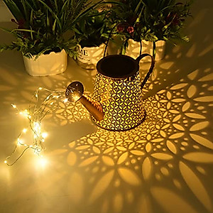 Watering can with Garden Decor Lights,Solar Lantern Outdoor Hanging Waterproof, Outdoor Decorative Retro Metal Solar Lights for Garden Table Patio Yard Pathway Walkway,Large