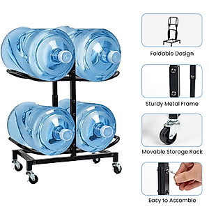 ZOMICE 5 Gallon Water Jug Holder with Wheels,5 Gal Water Jug Storage Rack for 4 Bottles,2-Tier Foldable Water Cooler Jug Stand for 5 Gallon Water Bottle Dispenser