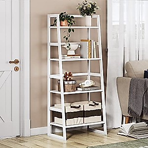linstock White Bookshelf, 4-Tier Bamboo Bookcase Ladder Bookshelf Organizer, Storage Rack, Bookcases & Tall Ladder Shelf-Bamboo Frame for Bedroom, Living Room, Kitchen, Bathroom, Easy Assembly(White)
