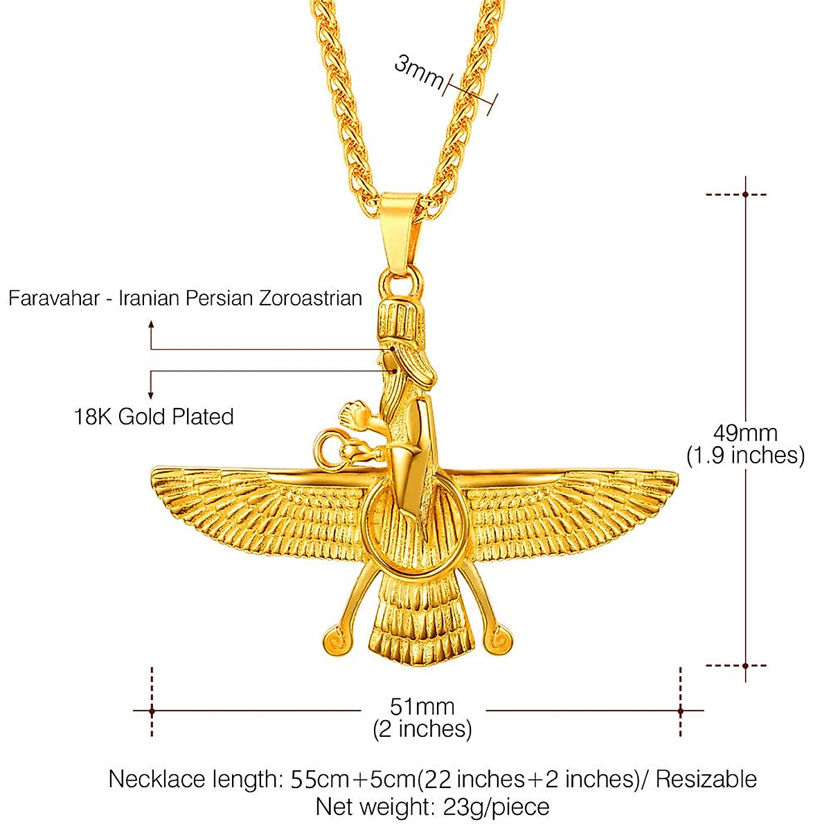 U7 Farvahar Pendant with Chain 18K Gold Plated Symbol of Iran Persian Gift Necklace